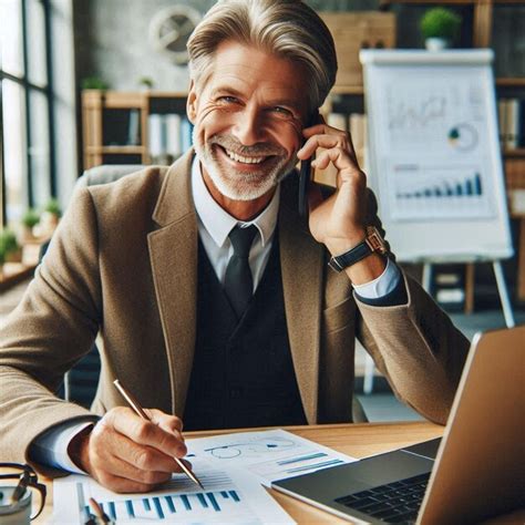 Premium Photo A Man Talking On A Phone And A Laptop And A Graph Behind Him