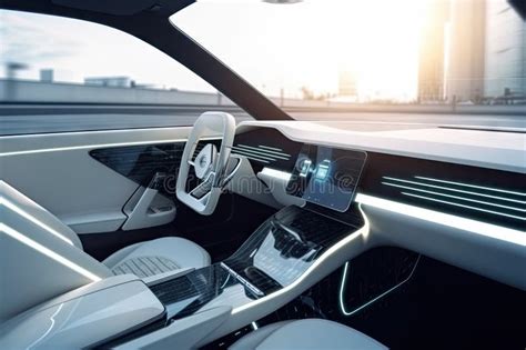 Futuristic Car With Self Driving Capabilities Sleek Dashboard And Touchscreens Stock