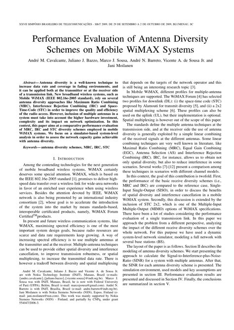 Pdf Performance Evaluation Of Antenna Diversity Schemes On Mobile Wimax Systems