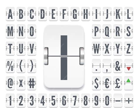 흰색 공항 터미널 기계적 플립 스코어보드 알파벳 글꼴에는 증권 환율 또는 항공편 출발 목적지 정보 및 시간표 벡터 그림이 포함되어 있습니다 프리미엄 벡터