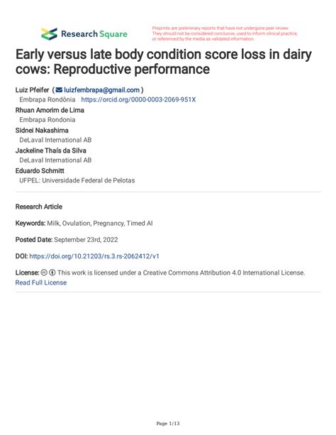 Pdf Early Versus Late Body Condition Score Loss In Dairy Cows Reproductive Performance