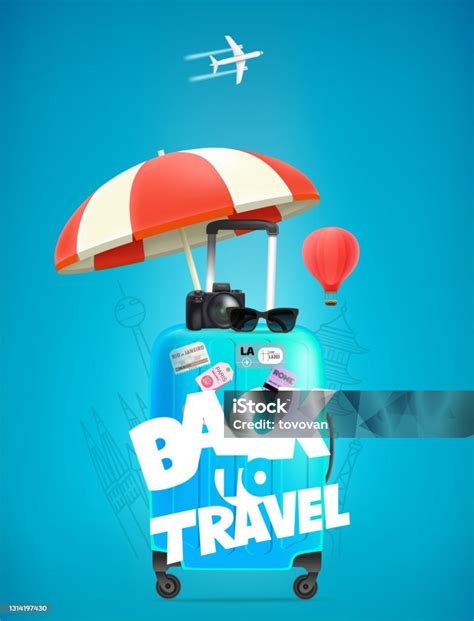 우산 디지털 카메라 선글라스가 달린 파란색 가방 여행으로 돌아가기 휴가에 대한 스톡 벡터 아트 및 기타 이미지 휴가 여행 가방 3차원 형태 Istock