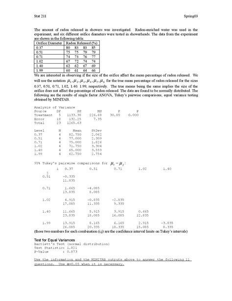 Practice Questions For Exam With Answer Key Principle Of Statistic I Stat 211 Docsity