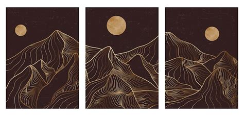 산 라인 아트 인쇄 추상 산 현대 미적 배경 풍경입니다 산 숲 바다 스카이 라인 파도 벡터 일러스트 프리미엄 벡터