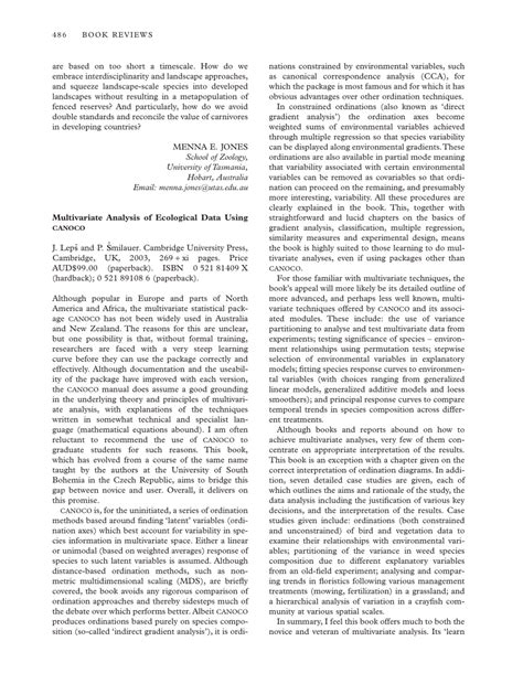 Pdf Multivariate Analysis Of Ecological Data Using Canoco