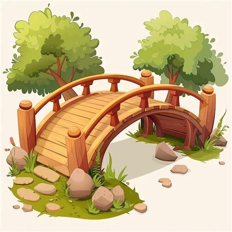 A Drawing Of A Wooden Bridge With Trees And Grass Premium AI Generated Image