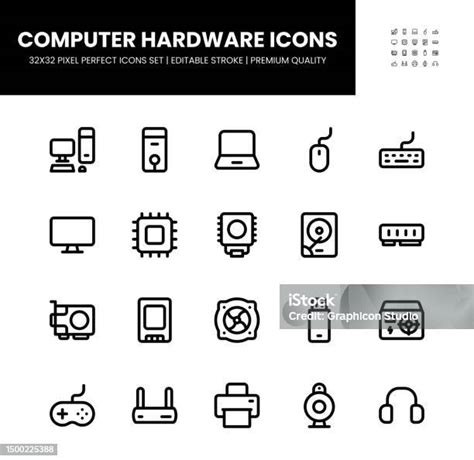 컴퓨터 하드웨어 아이콘은 32 X 32 픽셀로 설정되어 편집 가능한 스트로크로 완벽합니다 아이콘에 대한 스톡 벡터 아트 및 기타 이미지 아이콘 데스크탑 컴퓨터 라우터