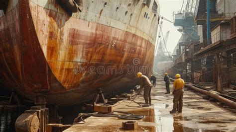 Worker Cleans The Hull Of An Old Ship From Rust Vessel Renovation Stock Image Image Of