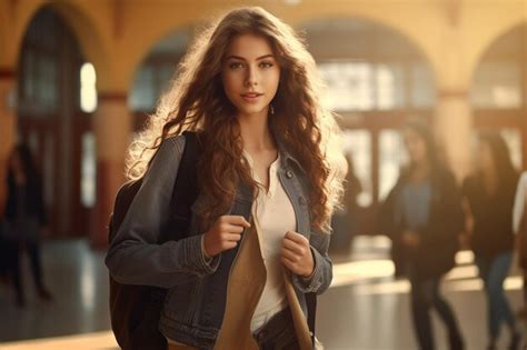 Premium Ai Image Young Female Student Heading To Class In High School Generative Ai
