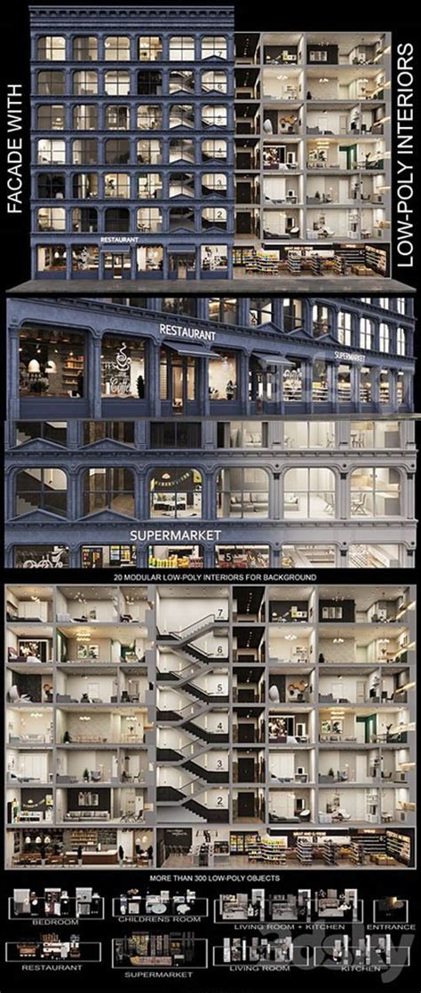 Facade With 20 Residential And Public Low Poly Interiors 3d Models [3ds Max] Daz3d And Poses