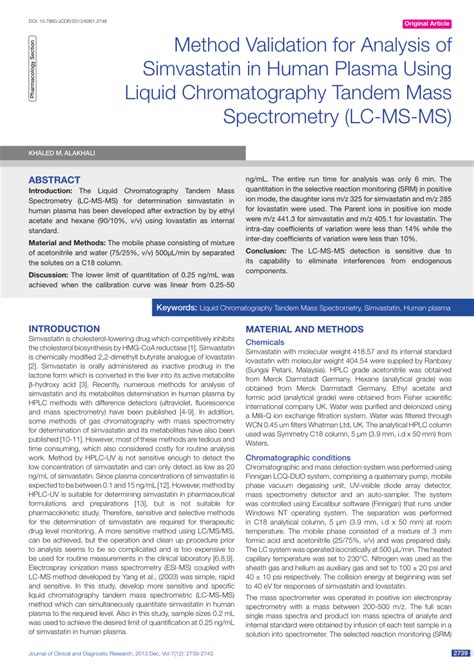 Pdf Method Validation For Analysis Of Simvastatin In Human Plasma Using Liquid Chromatography