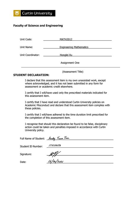 Engineering Mathematics Assignment 1 Curtin Faculty Of Science And