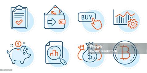 체크리스트 체크리스트 및 지갑 아이콘 세트를 확인합니다 버튼 비트 코인 및 분석 그래프 표지판을 구입합니다 벡터 가방에 대한 스톡 벡터 아트 및 기타 이미지 Istock