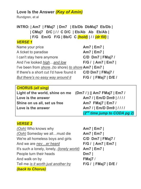 love is the answer rundgren et al chord chart in am7 pdf song