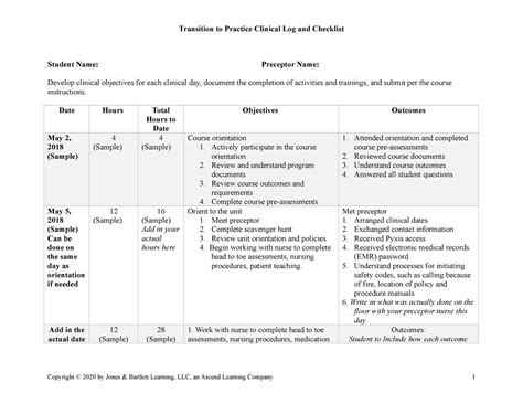 Clinical Log And Checklist With Revisions For Lc Student Name