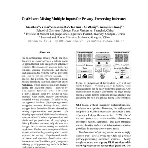 Textmixer Mixing Multiple Inputs For Privacy Preserving Inference Acl Anthology