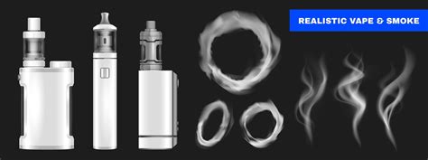 Vaping 장치 및 텍스트 벡터 일러스트와 함께 연기 원과 퍼프의 격리 된 아이콘으로 설정된 현실적인 Vape 무료 벡터
