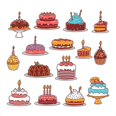 생일 케이크 손으로 그린 그림 세트 프리미엄 벡터