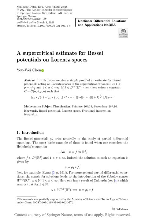 A Supercritical Estimate For Bessel Potentials On Lorentz Spaces