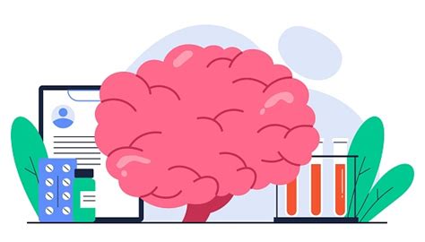신경계 개념 의료 장비를 갖춘 인간의 뇌 기관 병원에서 건강 검진을 받습니다 신경학 질병 건강 관리 치료 만화 스타일의 고립 된 벡터 일러스트 레이 션 갑상샘기능 항진증에