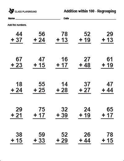 Printable Addition Within 100 With Regrouping Worksheet Class Playground