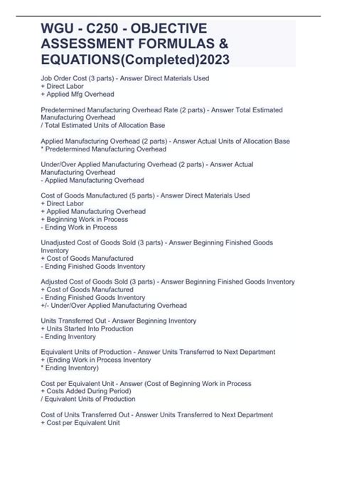 WGU C OBJECTIVE ASSESSMENT FORMULAS EQUATIONS Completed Term Portion In