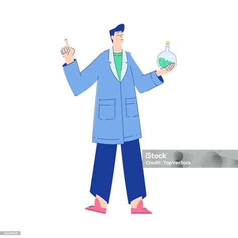 남자 과학자 캐릭터 서 있는 와 유리 플라스크 벡터 일러스트 레이 션 와 화학 와 개념에 대한 스톡 벡터 아트 및 기타 이미지