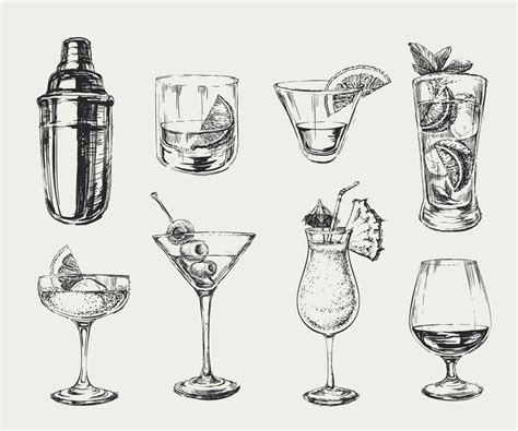 Set Of Sketch Cocktails And Alcohol Drinks Printable Graphic Vector Eps Editable Instant