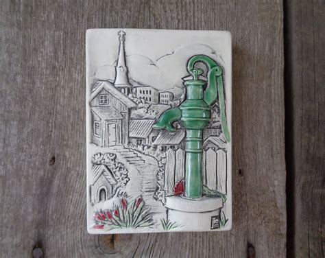 Vintage Swedish Ceramic Wall Plaque Tile With Old Water Pump