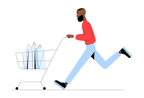 남자는 긴급 소매 쇼핑 그리고 소비주의를 상징하는 플랫 벡터 일러스트 레이 션에서 쇼핑 카트와 함께 실행 흰색 배경에 고립 경제에 대한 스톡 벡터 아트 및 기타 이미지