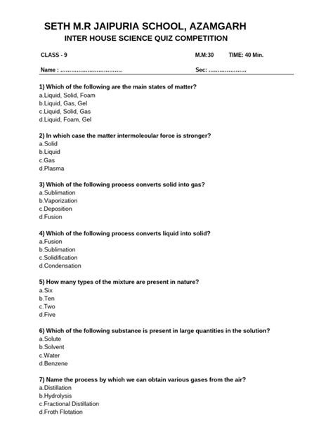 Class 9 Quiz Pdf Tissue Biology Liquids