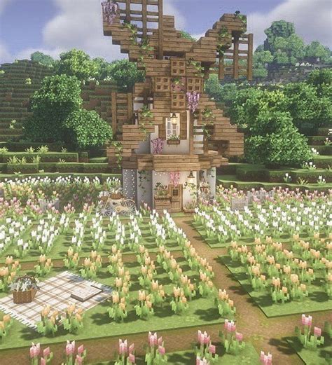 Minecraft Farmhouse With Flower Field Pueblo De Hadas Fotos De