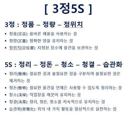 Jae Hoon 현장 경영의 기본 중 하나인 3정5s에 대해서 들어보셨나요 이는 업무 효율성을 높이고 조직 문화를 개선하는 데 많은 도움을 주는 관리 기법입니다