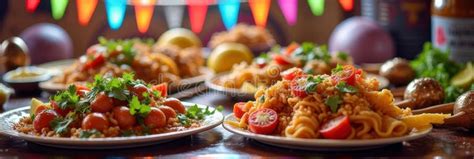 Colorful Festive Dinner With Assorted Pasta Dishes And Vegetables Stock