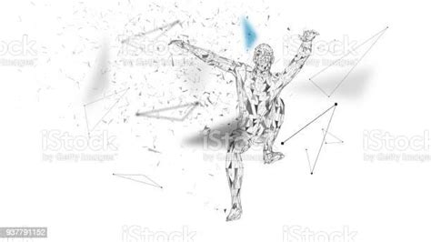 점프에 개념적 추상 남자입니다 입자 삼각형 점 선 연결 인공 지능 개념입니다 첨단 기술 벡터 디지털 배경입니다 3d 렌더링 벡터 일러스트 레이 션 가상현실에 대한 스톡 벡터