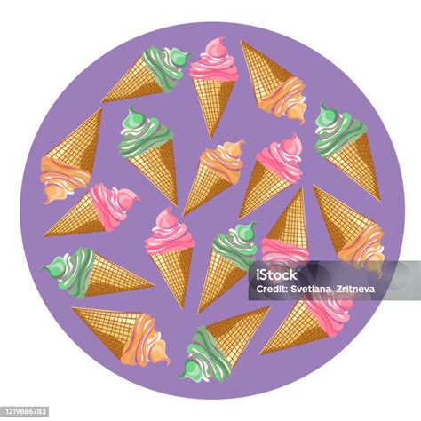 원 모양에 배치 된 다양한 아이스크림 콘 개체 그룹에 대한 스톡 벡터 아트 및 기타 이미지 개체 그룹 기포 냉동된 Istock