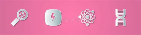 Set Paper Cut Microorganisms Under Magnifier Lightning Bolt Atom And Dna Symbol Icon Paper