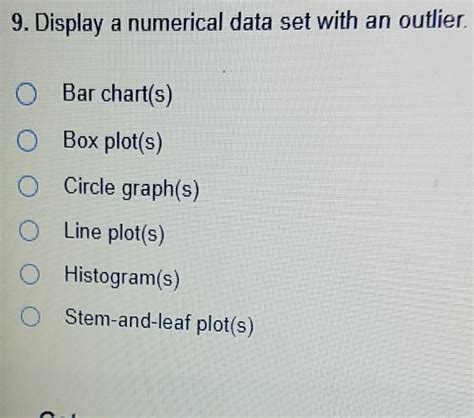 Display A Numerical Data Set With An Outlier Bar Chart S Box Plot S Circle Graph S Line Plot