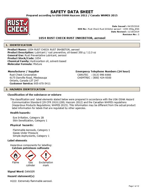 Rust Check Rust Inhibitor Aerosol 1054 350g Eng Pdf Firefighting