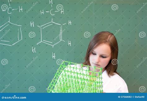 Woman Analyzes A Molecular Model In Lab Stock Photo Image Of