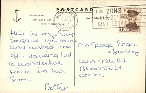 Steamship Ship Ss Orsova Passenger Message C1950s 60s Postcard Other