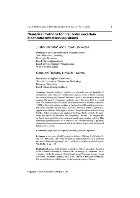 Pdf Numerical Methods For First Order Uncertain Stochastic Differential Equations