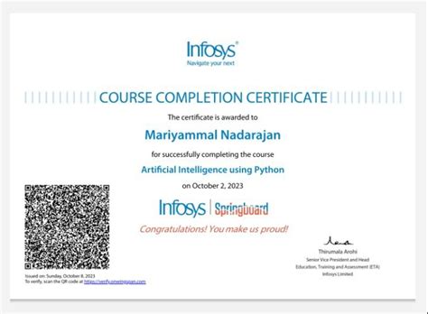 Im Successfully Completed My Artificial Intelligence Using Python In Infosys Springboard