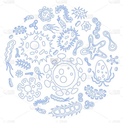圆形平面病毒和微生物插图的载体收集。细菌的图标集。彩色卡通变形虫和杆菌。美丽的微生物集合。培养皿的概素材 花瓣网
