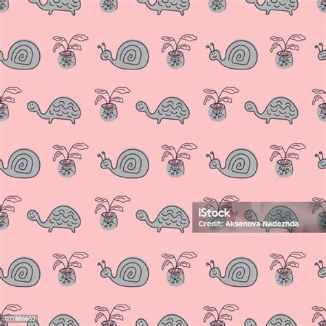 손으로 그린 귀여운 거북이 달팽이와 분홍색 배경에 화분에 화분 과 원활한 벡터 패턴 어린이 용 직물 디자인의 배경 가공의 인물에 대한 스톡 벡터 아트 및 기타 이미지
