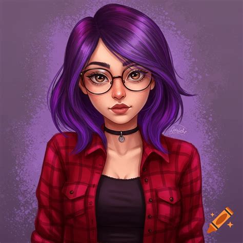Girl With Purple Hair Glasses Red Flannel Black Crop Top And