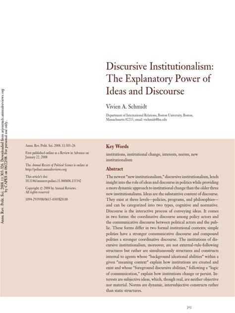 Schmidt V A Discursive Institutionalism The Explanatory Power Of Ideas And Discourse Pdf