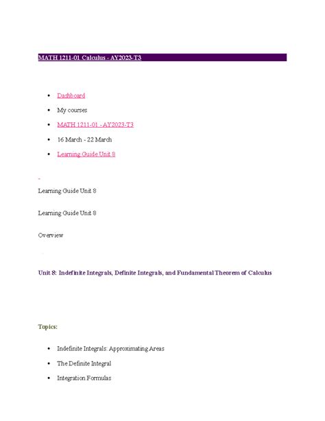 Learning Guide Unit 8 Math 1211 Math 1211 01 Calculus Ay2023 T Dashboard My Courses Math
