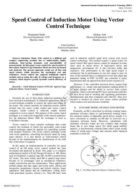 Pdf Speed Control Of Induction Motor Using Vector Control Technique