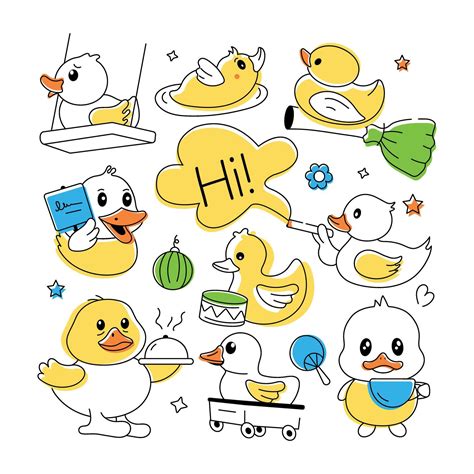 A Doodle Duck Vector Showcasing Cute Rubber Ducks Shower Toys And